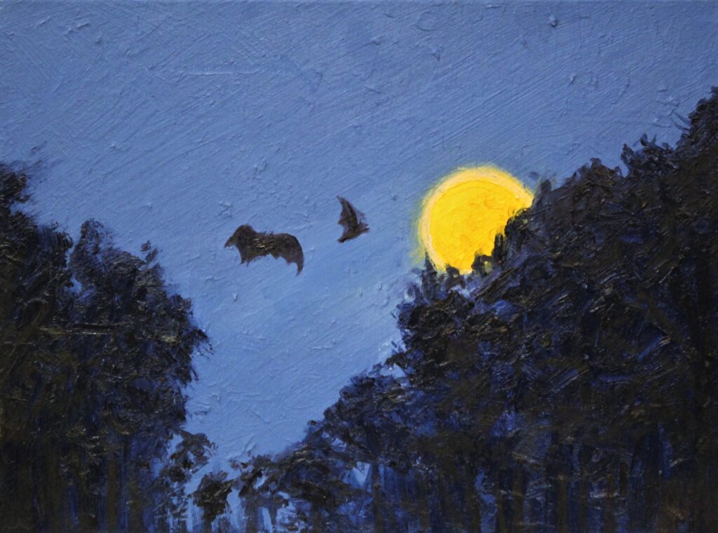 Bats flying over the moon Marie Carnogursky Art